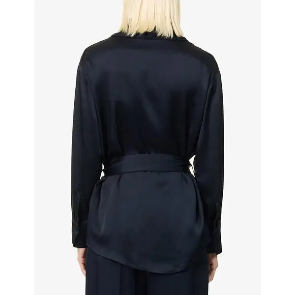 Victoria Beckham Alba Tie-belt Crepe-back Satin Blouse - Midnight