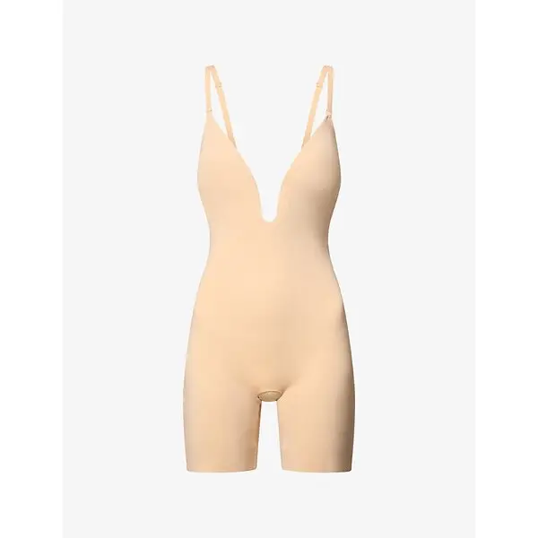 Spanx Shape™ Plunge-neck Mid-thigh Bodysuit - Toasted Coconut