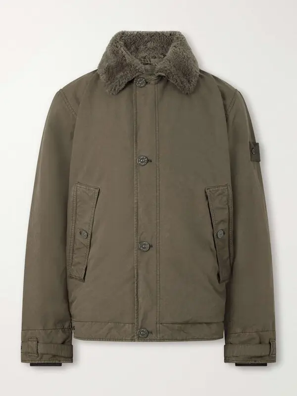 Stone Island Ghost Shearling-trimmed Padded Garment-dyed David-tc Shell Jacket