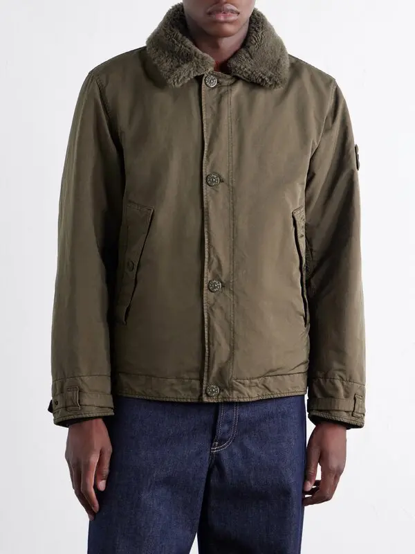 Stone Island Ghost Shearling-trimmed Padded Garment-dyed David-tc Shell Jacket