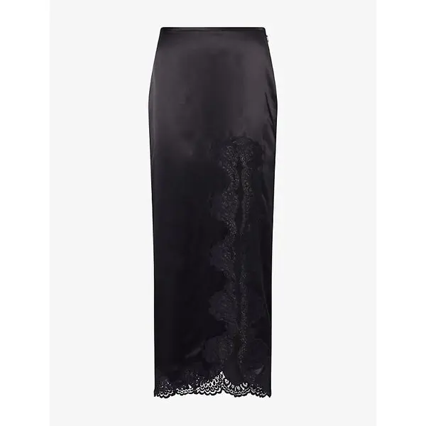 Valentino Garavani Lace-trim Split Silk-satin Midi Skirt - Nero