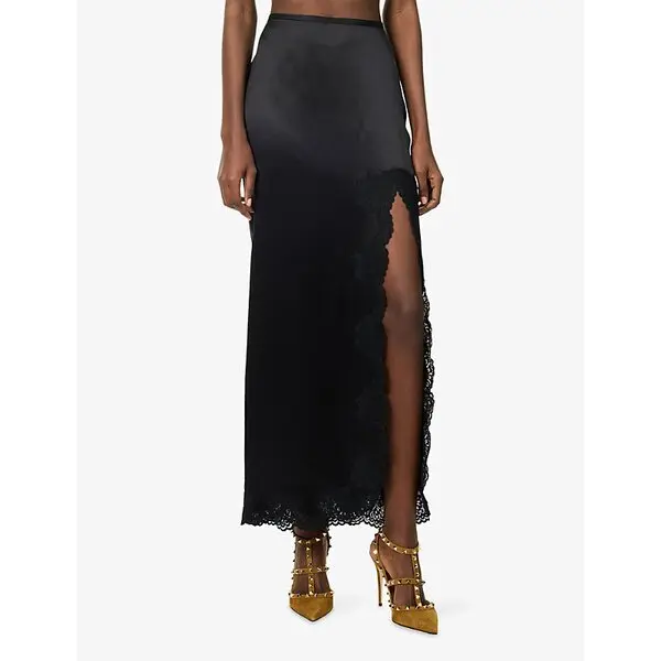 Valentino Garavani Lace-trim Split Silk-satin Midi Skirt - Nero
