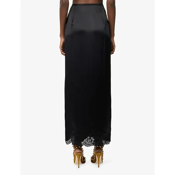 Valentino Garavani Lace-trim Split Silk-satin Midi Skirt - Nero