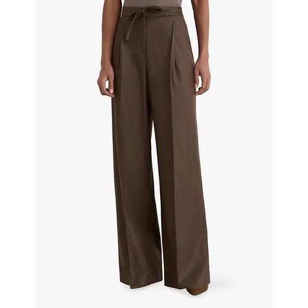 REISS Derby Wide-leg Drawstring Wool-blend Trousers - Mocha Brown