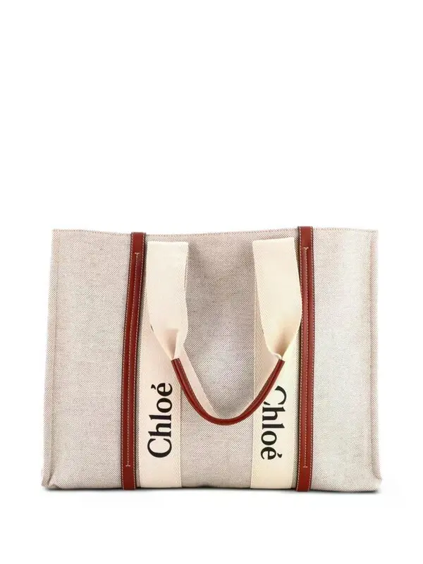 Chloé Woody Canvas With Leather Large Tote Bag - Neutrals