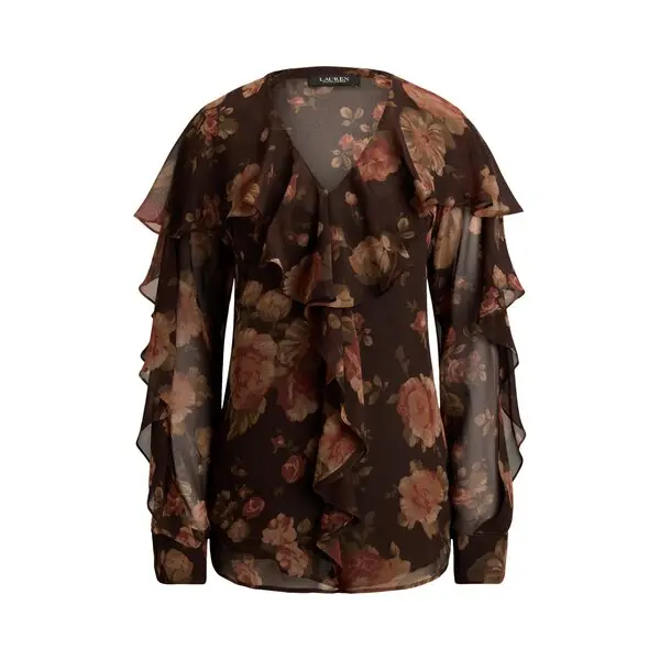Ralph Lauren Floral Ruffle-trim Chiffon V-neck Blouse