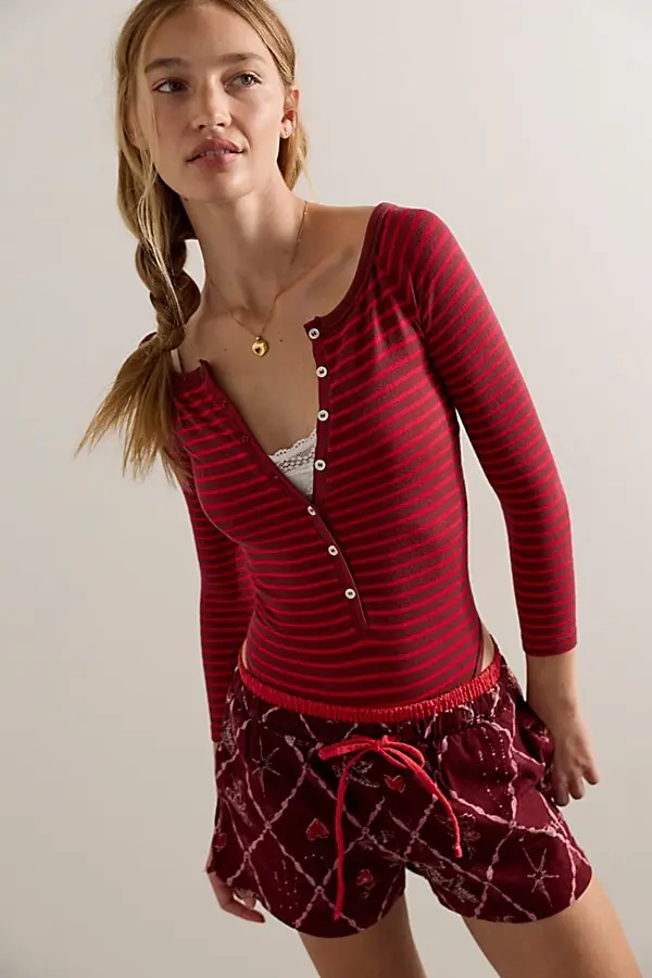 Free People Just Enough Stripe Button-front Bodysuit - Bittersweet Combo