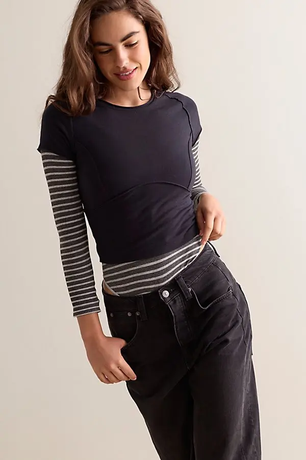 Free People Just Enough Stripe Button-front Bodysuit - Grey Combo