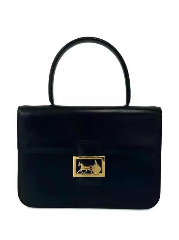 Celine 1997 Leather Logo Carriage Top Handle Bag Handbag - Black