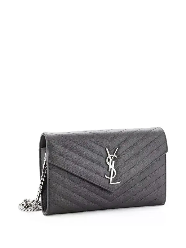 Saint Laurent Classic Monogram Wallet On Chain Matelasse Chevron Leather Medium Crossbody Bag - Grey