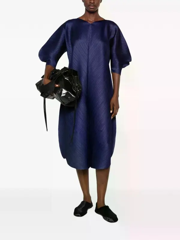 Issey Miyake Pleated Puff-sleeve Midi Dress - Blue