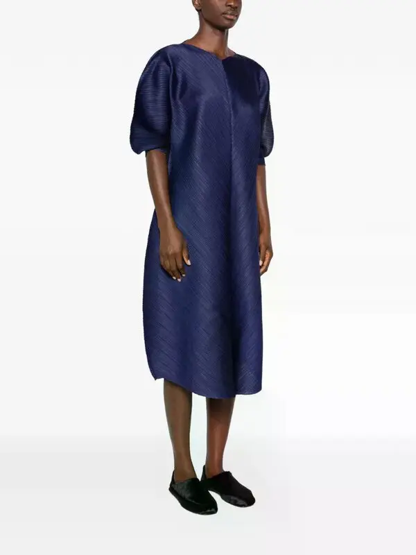 Issey Miyake Pleated Puff-sleeve Midi Dress - Blue