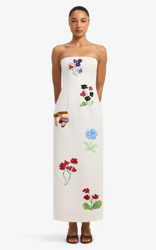 LEO LIN Rayna Embroidered Satin Maxi Dress