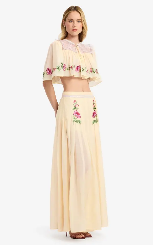 LEO LIN Juno Pleated Embroidered Wide-leg Pants