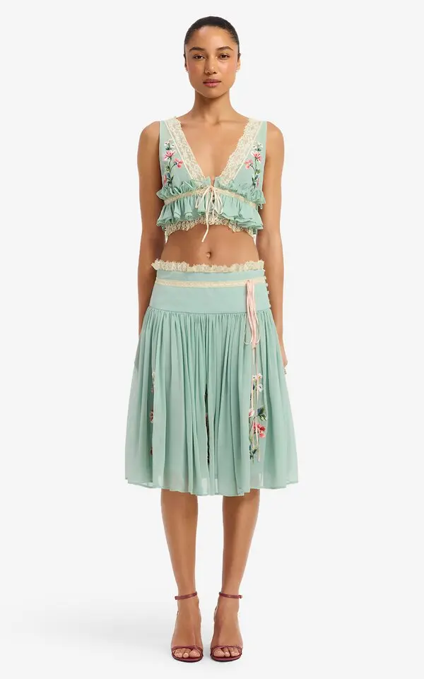 LEO LIN Nellie Embroidered Chiffon Midi Skirt