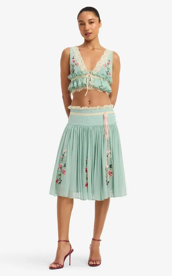 LEO LIN Nellie Embroidered Chiffon Midi Skirt