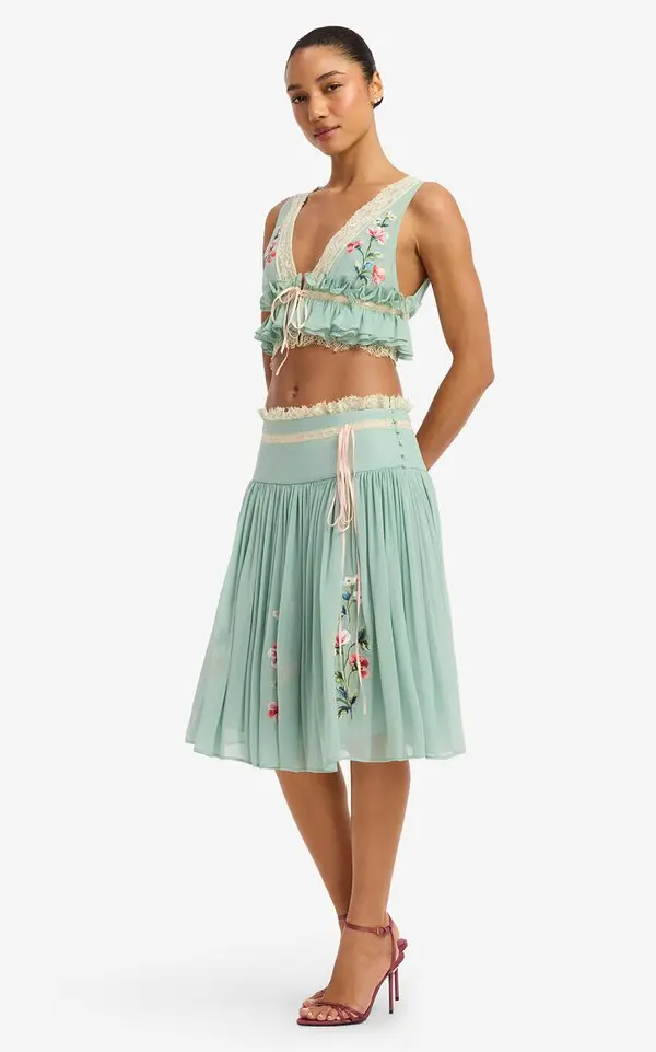 LEO LIN Nellie Embroidered Chiffon Midi Skirt