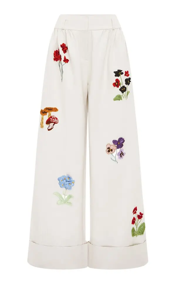 LEO LIN Nico Embroidered Cotton-linen Wide-leg Pants