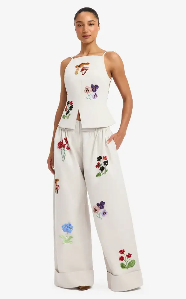 LEO LIN Nico Embroidered Cotton-linen Wide-leg Pants