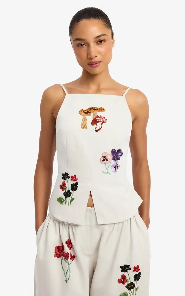 LEO LIN Marlowe Embroidered Cotton-linen Top