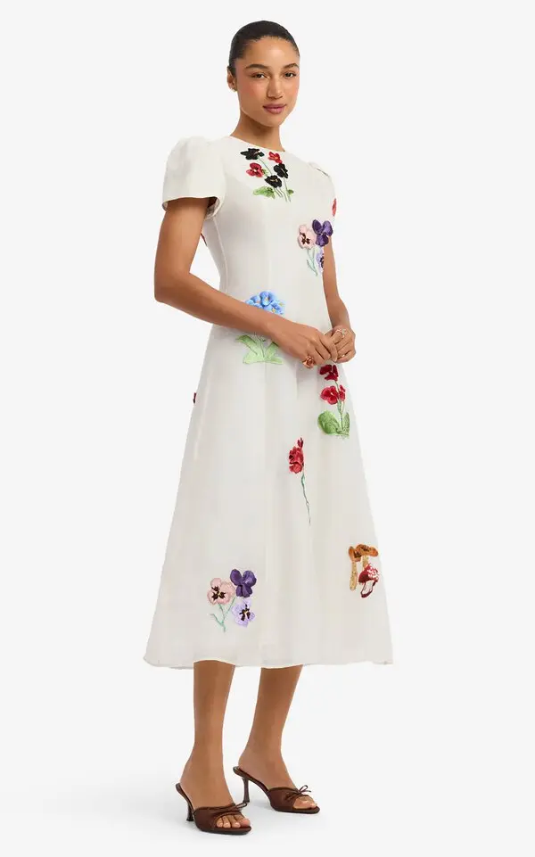 LEO LIN Marguerite Embroidered Linen-silk Midi Dress