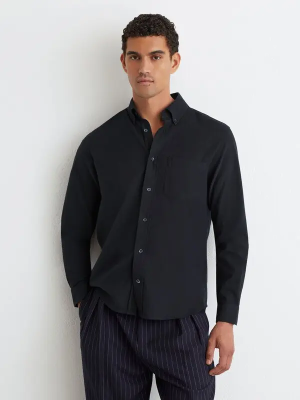 REISS Hunt Cotton Flannel Button-down Shirt Regular-fit - Navy