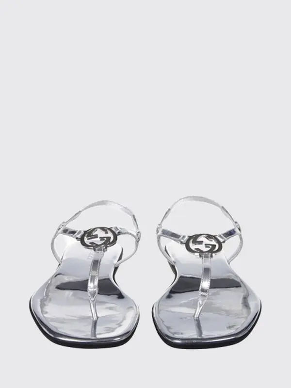 Gucci Gg Laminated Leather Thong Sandals With Low Heel And Logo - Gray