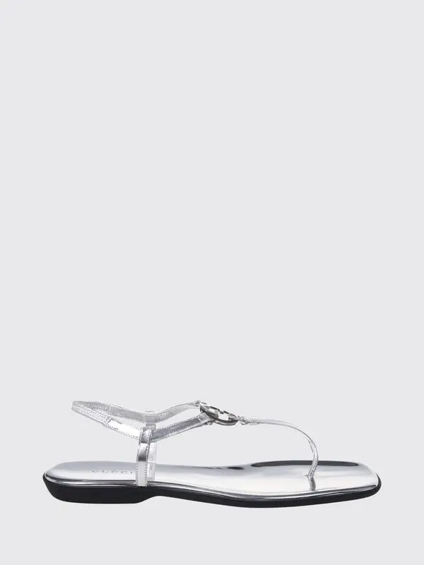 Gucci Gg Laminated Leather Thong Sandals With Low Heel And Logo - Gray