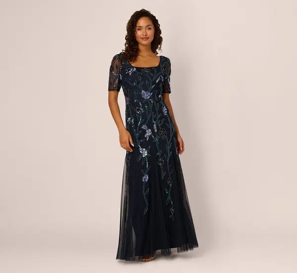 Adrianna Papell Petite Square Neck Short Sleeve Beaded Godet Gown - Midnight Multi