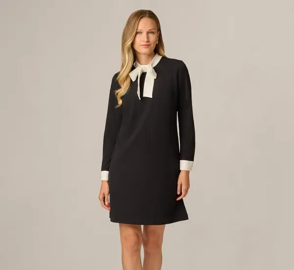 Adrianna Papell Long Sleeve Bow Collar Stretch Shift Dress In Black Ivory - Black/ivory