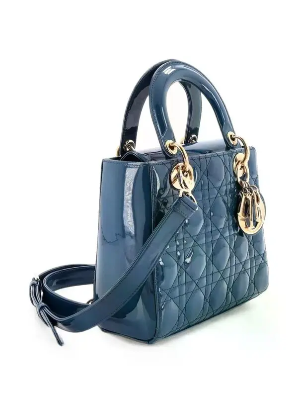 Dior Lady Bag Cannage Quilt Patent Small Satchel - Blue