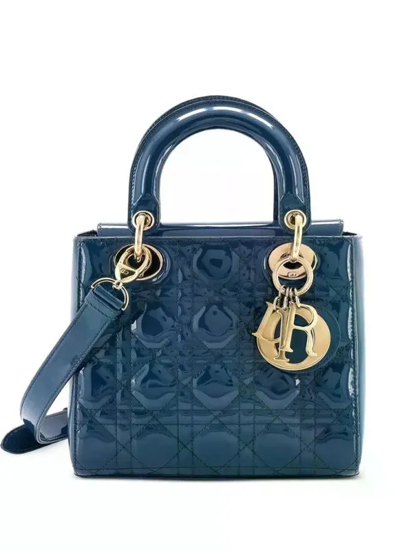 Dior Lady Bag Cannage Quilt Patent Small Satchel - Blue