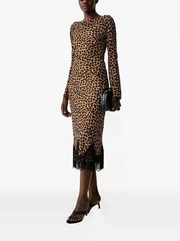 NEVER FULLY DRESSED Leopard-print Lace-trim Midi Dress - Neutrals