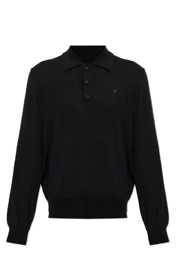 AMI Paris Wool Polo Shirt With Embroidered Logo - Black