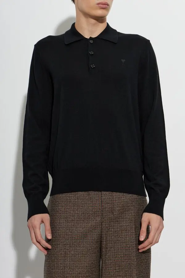 AMI Paris Wool Polo Shirt With Embroidered Logo