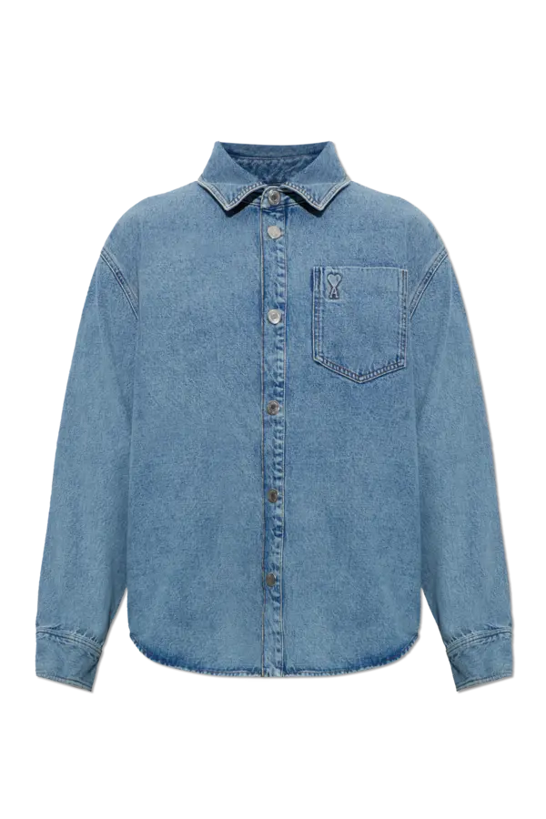 AMI Paris Denim Shirt With Embroidered Logo - Blue