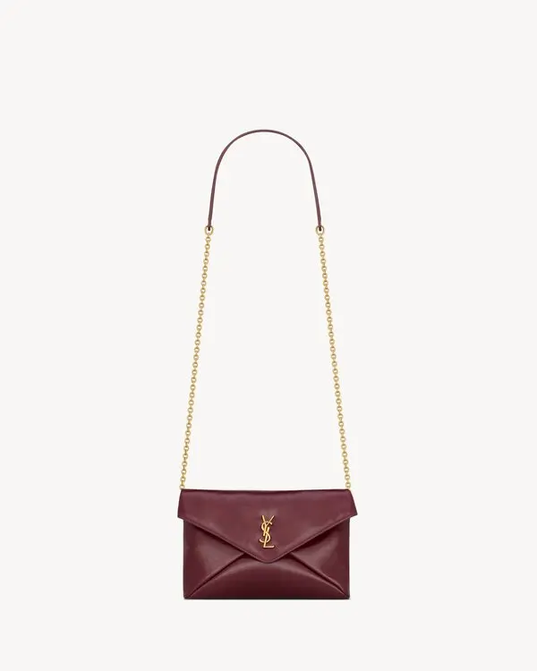 Saint Laurent Cassandre Small Chain Pouch In Shiny Leather In Red - Dark Ruby