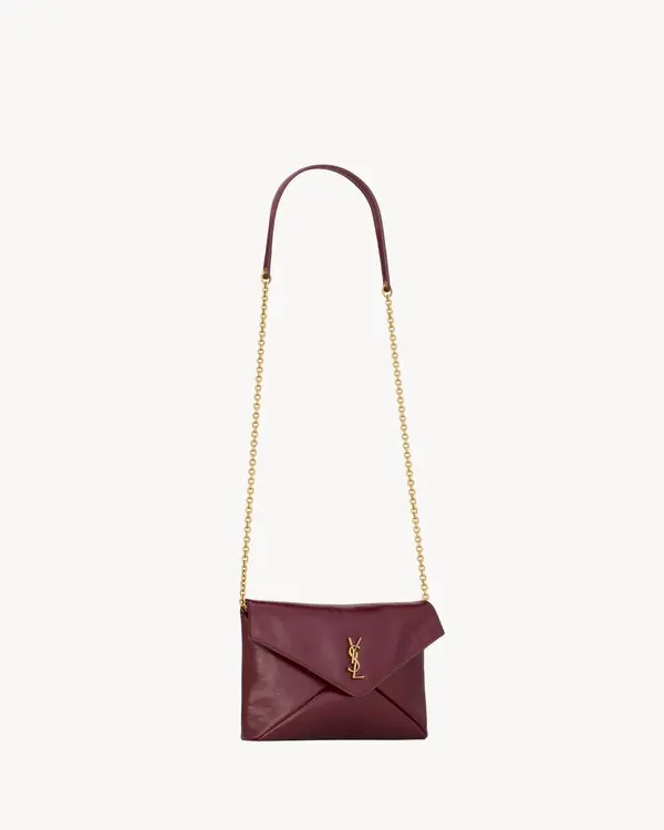 Saint Laurent Cassandre Small Chain Pouch In Shiny Leather In Red - Dark Ruby