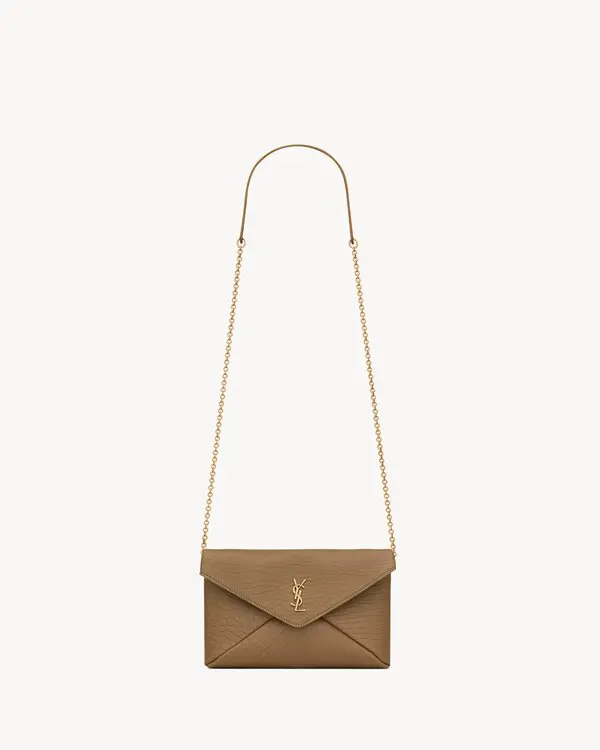 Saint Laurent Cassandre Small Chain Clutch In Lambskin In Brown - Dark Cork