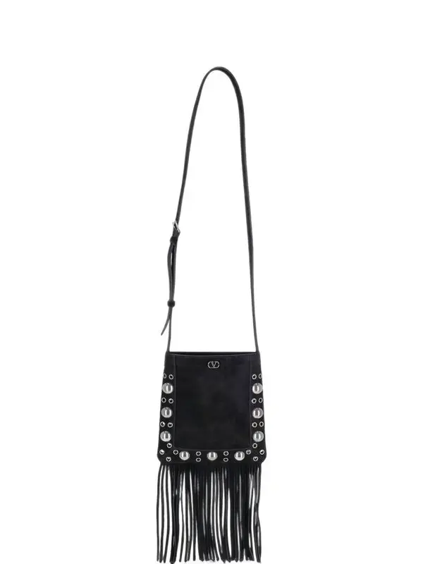 Valentino Garavani Nellcôte Small Shoulder Bag In Suede With Fringes - Black