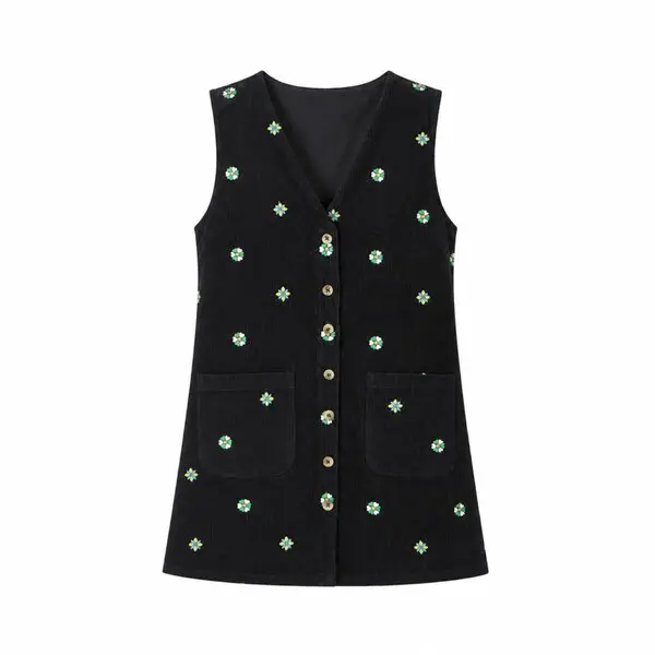 YUMI Flower Embroidered Button Up Pinafore Dress - Black