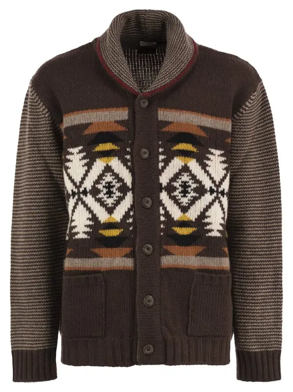 FAY Wool Cardigan With Jacquard Pattern - Brown