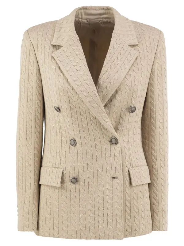 Brunello Cucinelli Double-breasted Cable-jacquard Blazer With Metallic Yarn - Cream