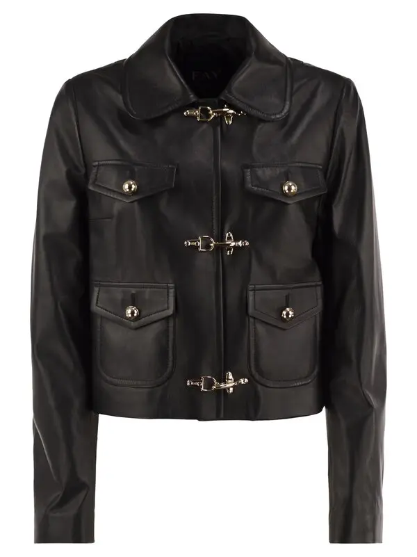 FAY Cropped Genuine Leather Jacket With Hooks - Black