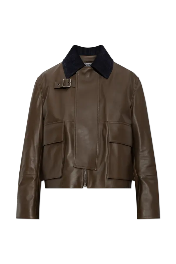 Loewe Olive Leather Jacket With Navy Corduroy Collar By - Green