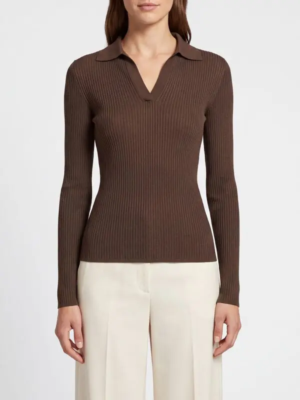 Max Mara Ribbed Silk And Cashmere Knit Polo With V-neck And Slim Fit - Brown