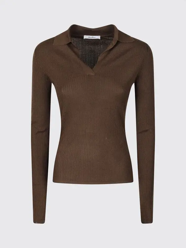 Max Mara Ribbed Silk And Cashmere Knit Polo With V-neck And Slim Fit - Brown