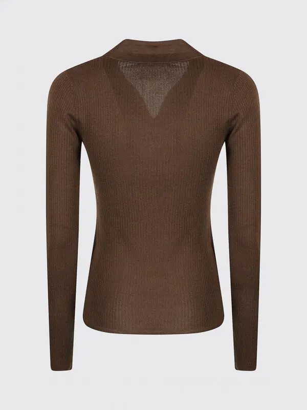 Max Mara Ribbed Silk And Cashmere Knit Polo With V-neck And Slim Fit - Brown
