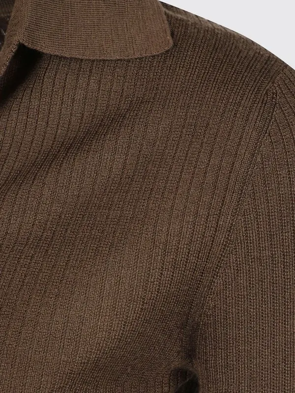 Max Mara Ribbed Silk And Cashmere Knit Polo With V-neck And Slim Fit - Brown