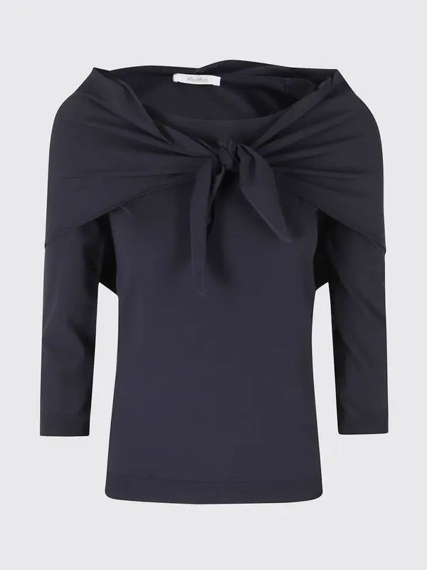 Max Mara Slim Fit Striped Wool Crewneck Jumper With Pussy-bow Neck - Blue